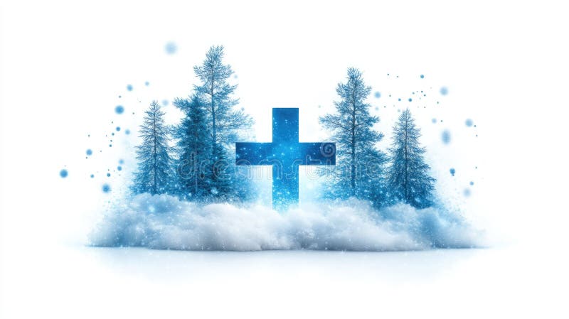Snowy Forest with Illuminated Cross Amidst Wintery Trees Stock Photo ...