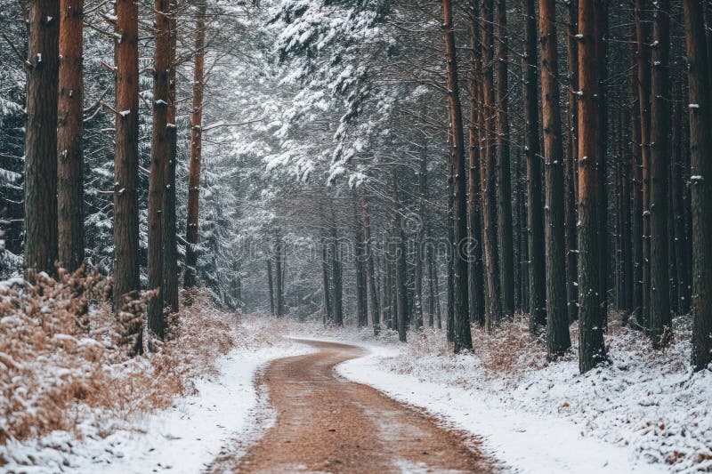 Snowy Forest Landscape with a Dirt Road Winding through Stock Image ...