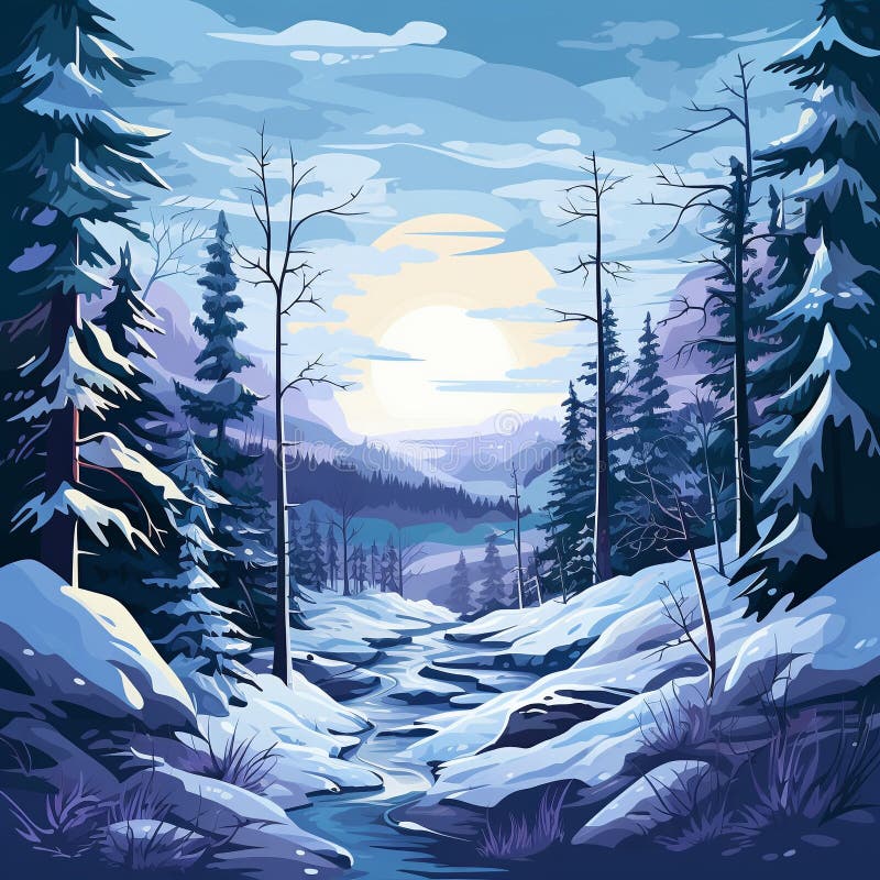 Snowy Forest Landscape, Flat Design, Side View, Winter Wonderland Theme ...