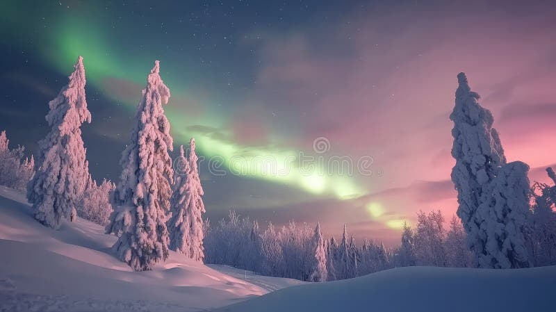 Snowy Forest at Night with Aurora Borealis. (1 Stock Image - Image of ...