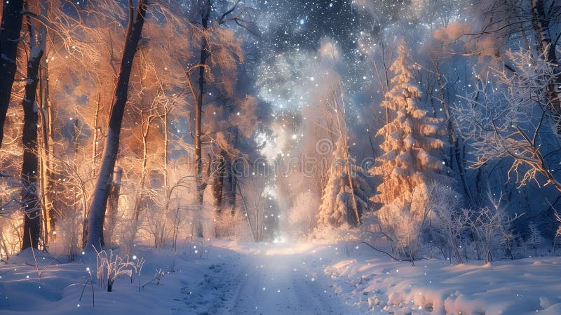 A snowy forest at night stock image. Image of snow, autumn - 321717359