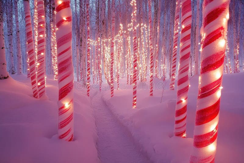 Snowy Forest Path with Candy Cane Trees Stock Illustration ...
