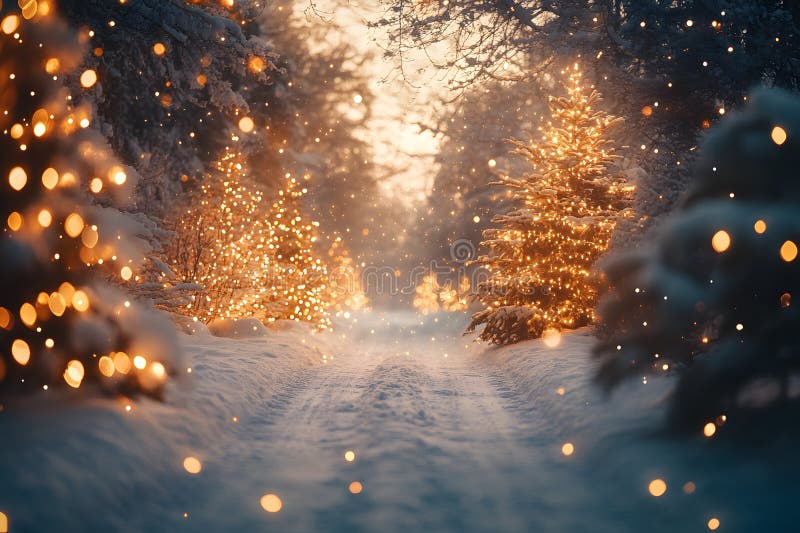 Snowy Forest Path with Christmas Lights Stock Illustration ...