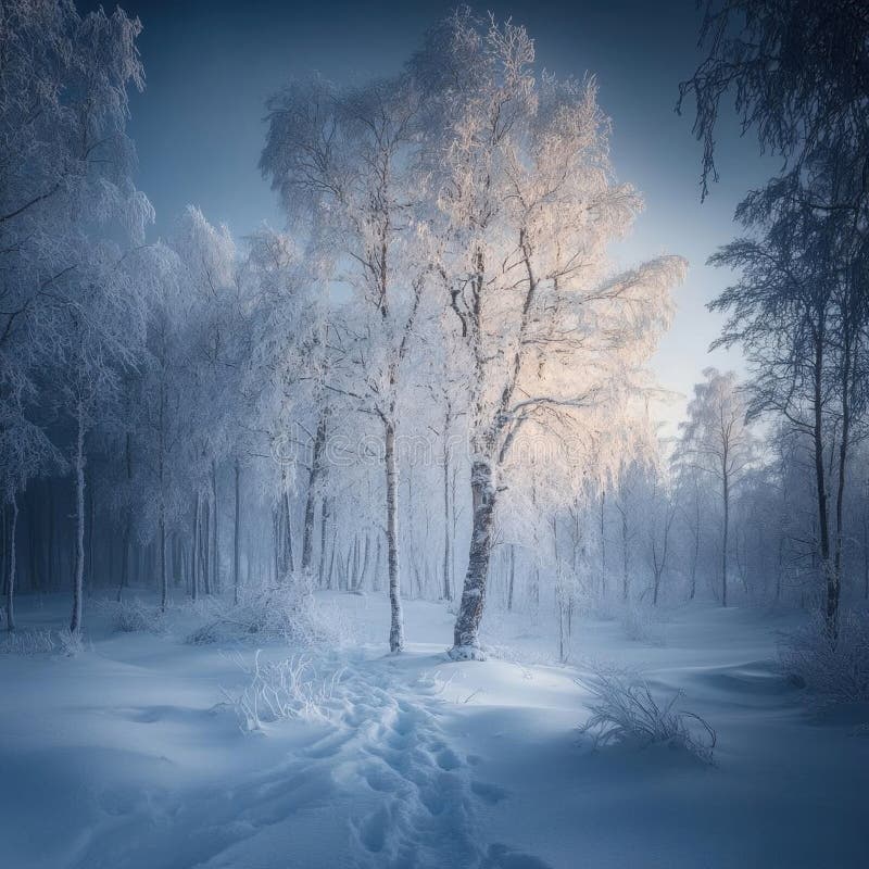 Snowy Forest Path at Dawn stock illustration. Illustration of winter ...