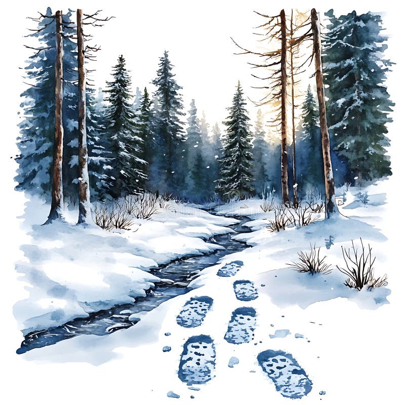 Snowy Forest Path with Footprints in Winter Stock Illustration ...