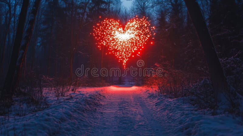 A Snowy Forest Path with a Heart-shaped Firework Display in the Sky ...