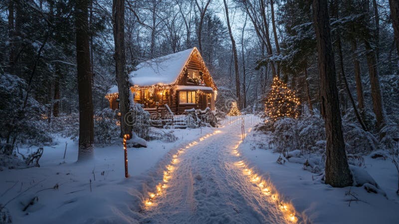 Snowy Forest Path with Holiday Lights Leading To a Cozy Cabin Stock ...