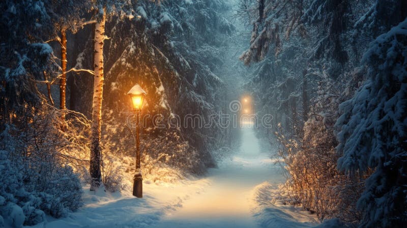Snowy Forest Path Illuminated by a Single Streetlight Stock ...