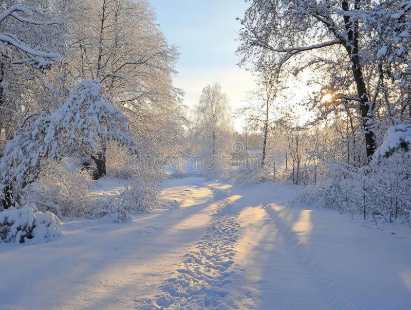 Snowy Forest Path Leading through Winter Wonderland, Sun Glowing ...