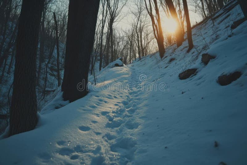 Snowy Forest Path Leads To Sunlight at Sunset, Winter Landscape Theme ...