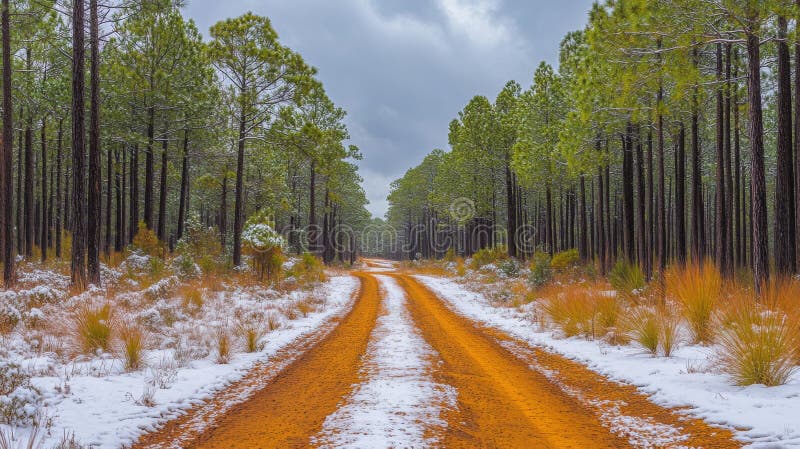 Snowy Forest Path through a Line of Pine Trees Stock Illustration ...