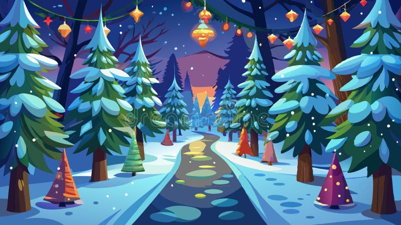 A Snowy Forest Path is Lined with Decorated Christmas Trees ...