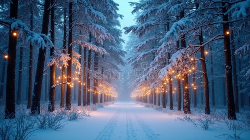 Snowy Forest with a Path Lit Up with Lights Stock Photo - Image of ...
