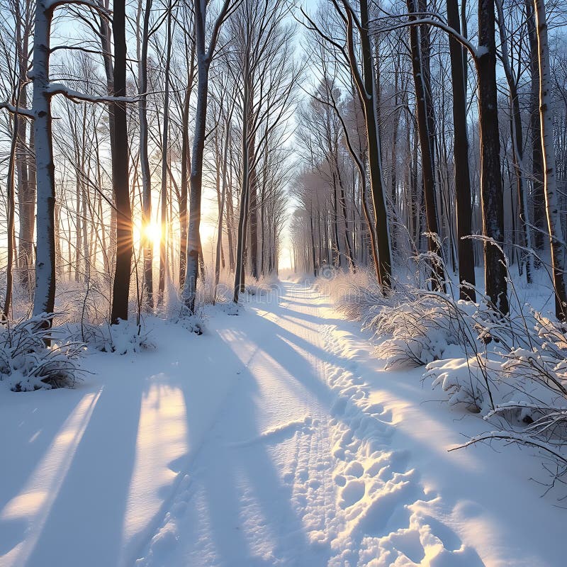 Snowy Forest Path in Morning Light Stock Illustration - Illustration of ...