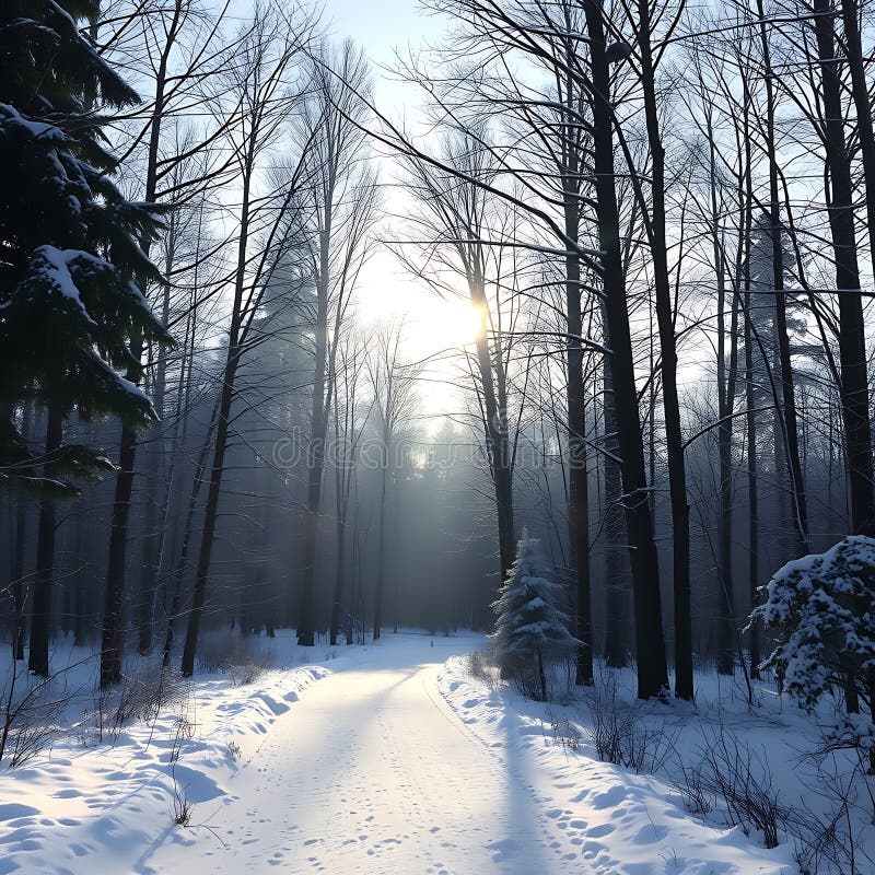 Snowy Forest Path in Morning Light Stock Illustration - Illustration of ...