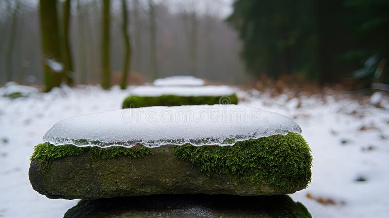 A Snowy Forest with a Path of Moss-covered Rocks. Stock Image - Image ...