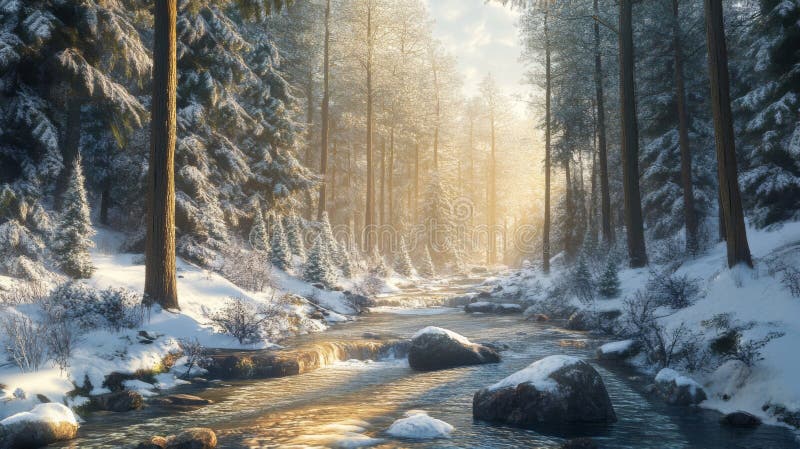 A Snowy Forest Path with a River Winding through it Stock Illustration ...