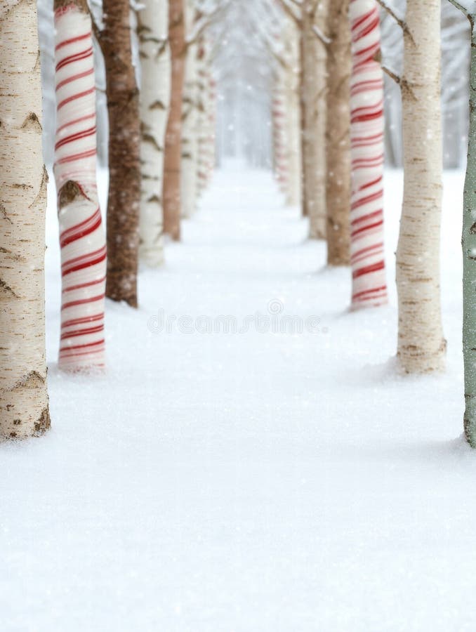 Snowy Forest Path with Striped Tree Trunks Stock Illustration ...