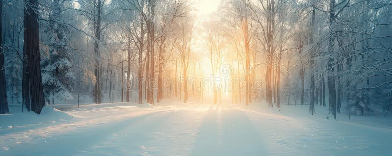 Snowy Forest Path with Sun Rays Shining through Trees Stock ...