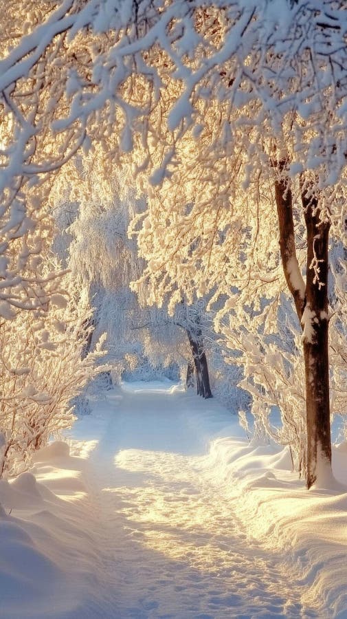 Snowy Forest Path with Sunlight Gleaming through Branches, a Winter ...