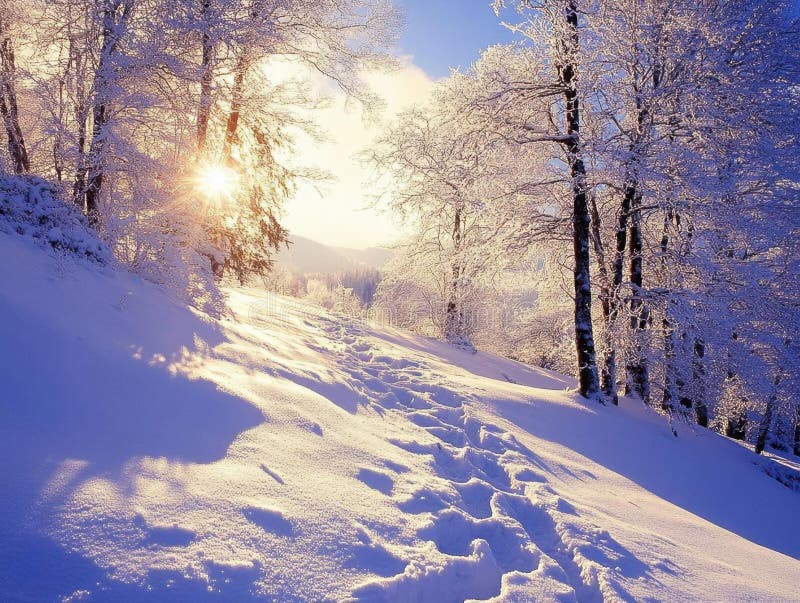 Snowy Forest Path with Sunlight Shining through the Trees - Winter ...