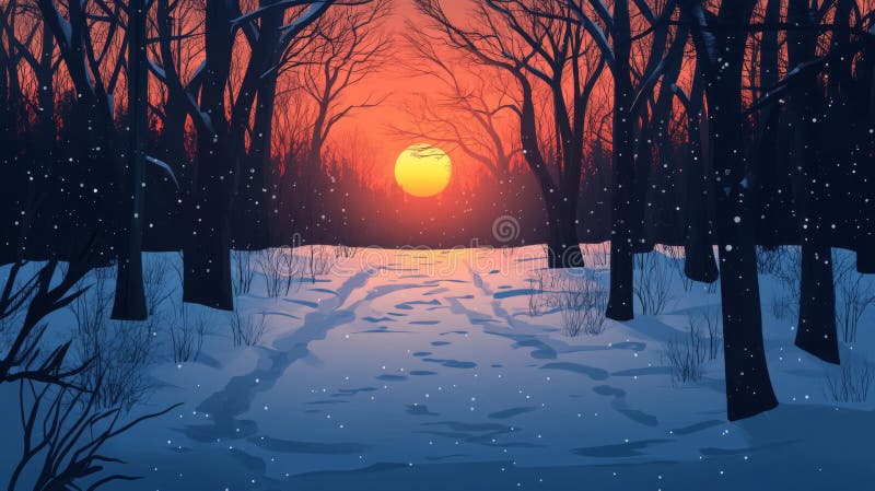 Snowy Forest Path at Sunset Stock Illustration - Illustration of ...