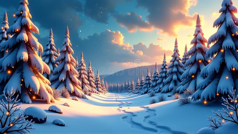 Snowy Forest Path at Sunset Stock Illustration - Illustration of ...