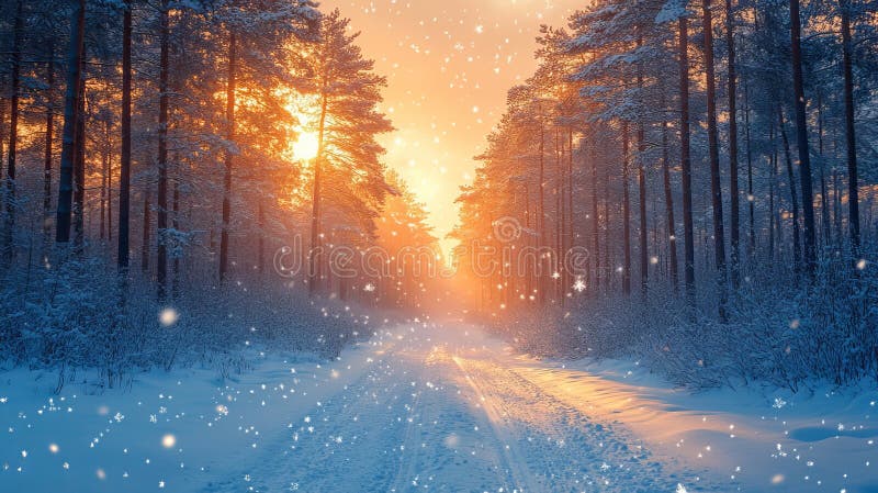 Snowy Forest Path at Sunset, Magical Winter Landscape Stock Image ...