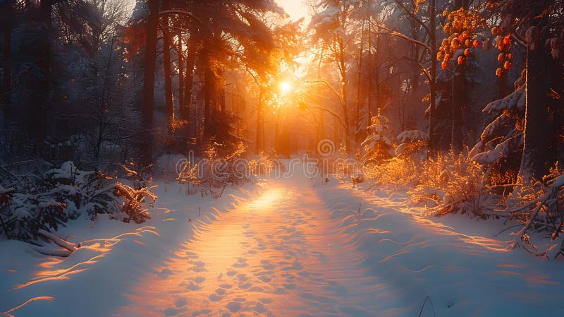Snowy Forest Path at Sunset - Realistic Image Stock Illustration ...