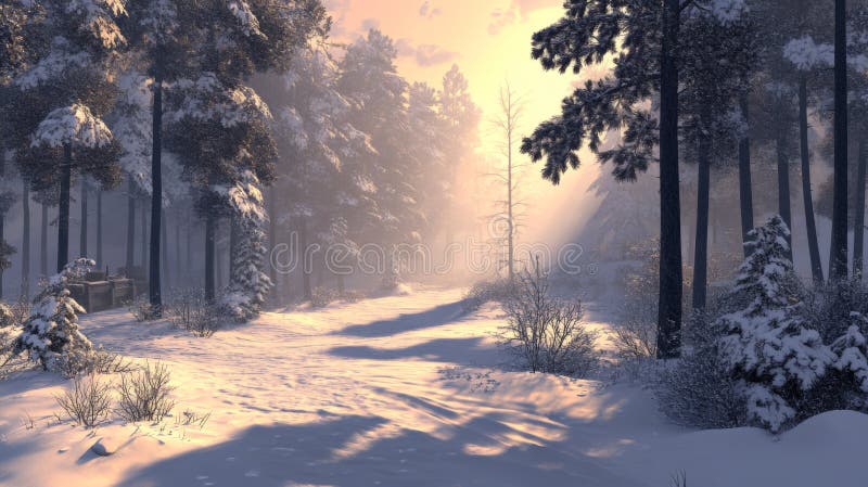 A Snowy Forest Path at Sunset with Sunlight Filtering through Trees ...