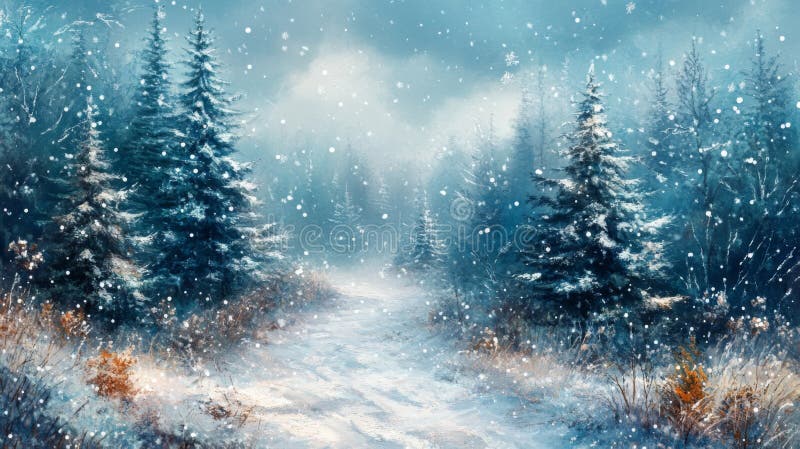 Snowy Forest Path with Tall Pine Trees Stock Illustration ...