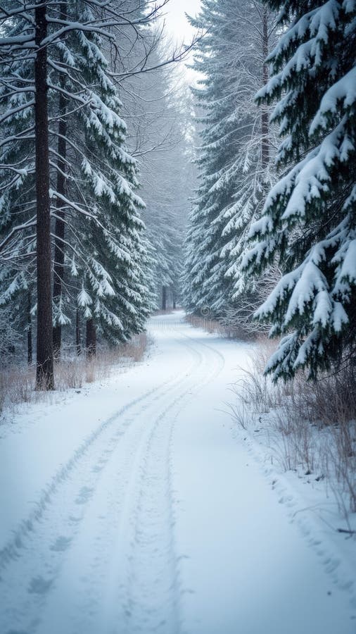 Snowy Forest Path with Trees Covered in Snow Stock Image - Image of ...