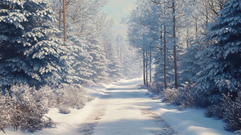 A Snowy Forest Path with Trees Covered in Snow Stock Illustration ...