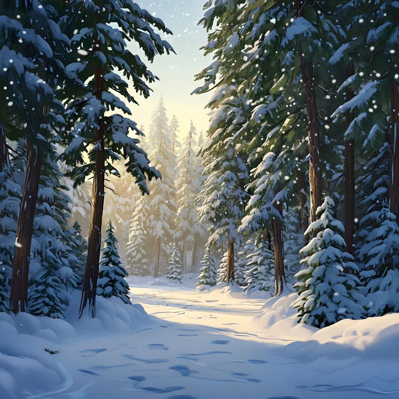 Snowy Forest Path stock illustration. Illustration of snow - 343370626