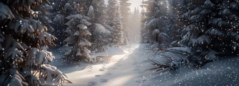 Snowy Forest Path Winds through Dense Forest, Sunlight Streaming ...
