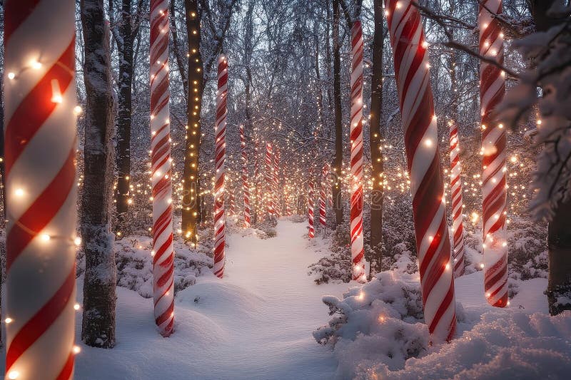 Snowy Forest Pathway with Candy Cane Decorations and Lights Stock Illustration - Illustration of ...