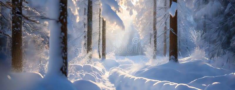 Snowy Forest Pathway at Sunrise. a Serene Snow-covered Path through a ...