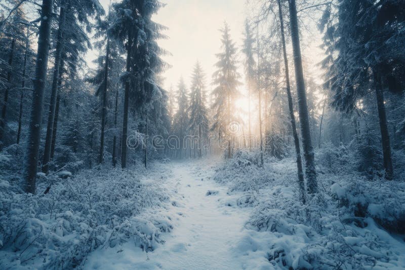 Snowy forest pathway stock photo. Image of scenery, wilderness - 379399206