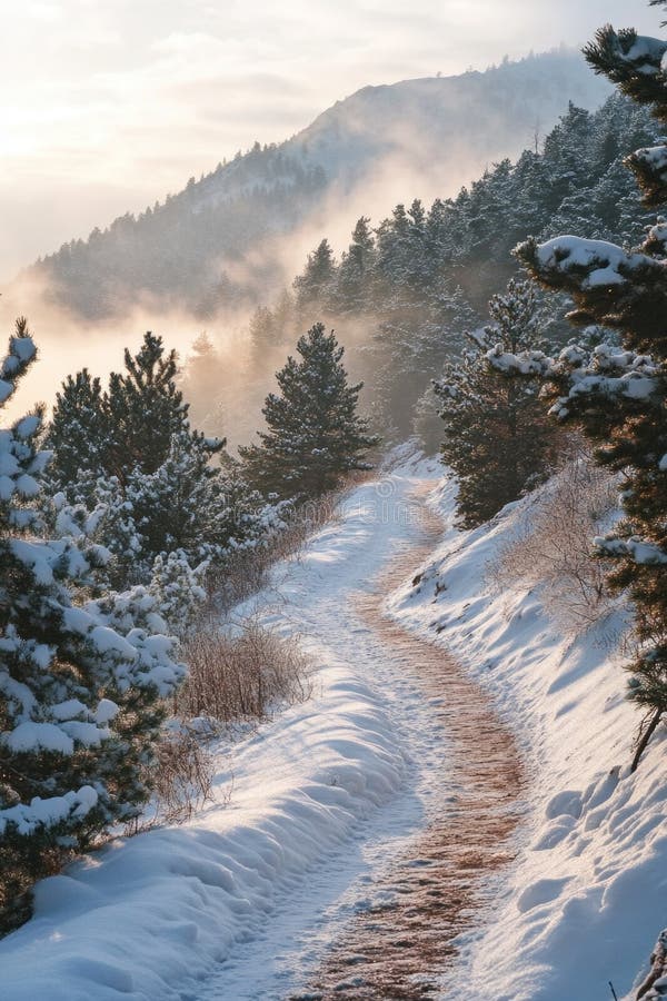 Snowy forest pathway stock photo. Image of trekking - 373300446