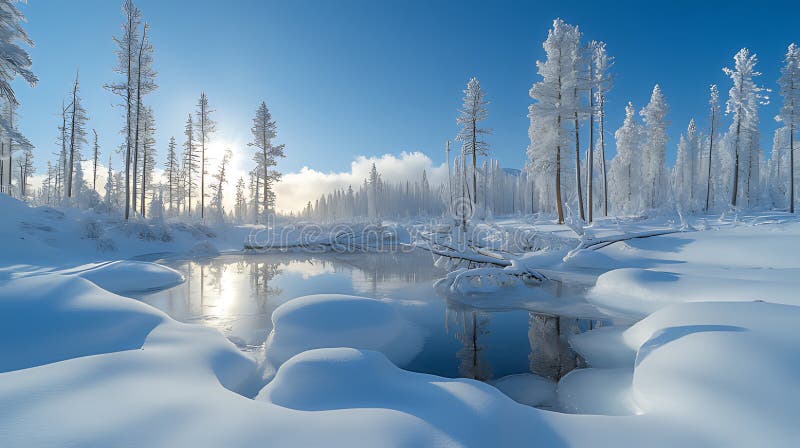 Snowy Forest Pond Sunrise Winter Landscape, Reflection Stock ...