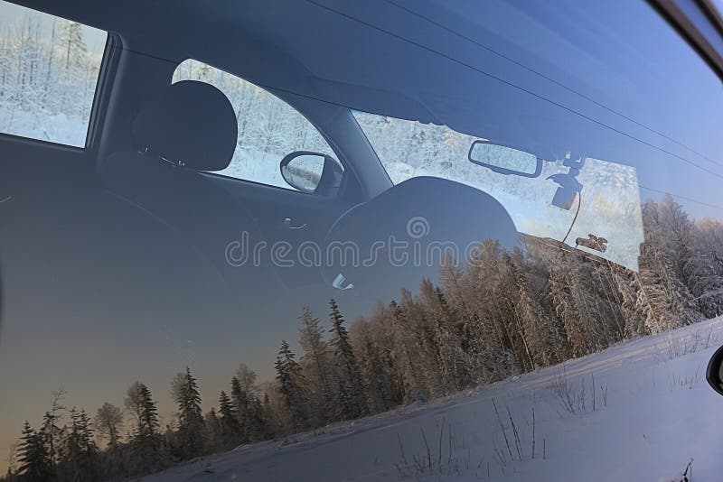 Snowy Forest Reflection in Glass of Car Stock Image - Image of outdoors ...