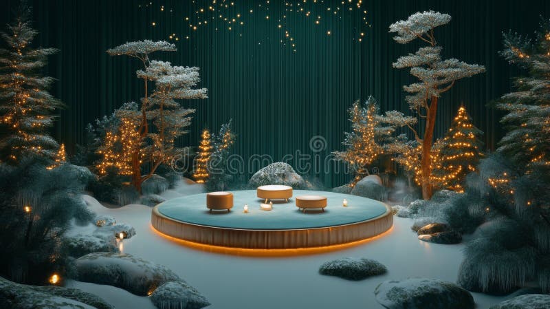 Snowy Forest Scene with a Circular Platform and Festive Lights Stock ...