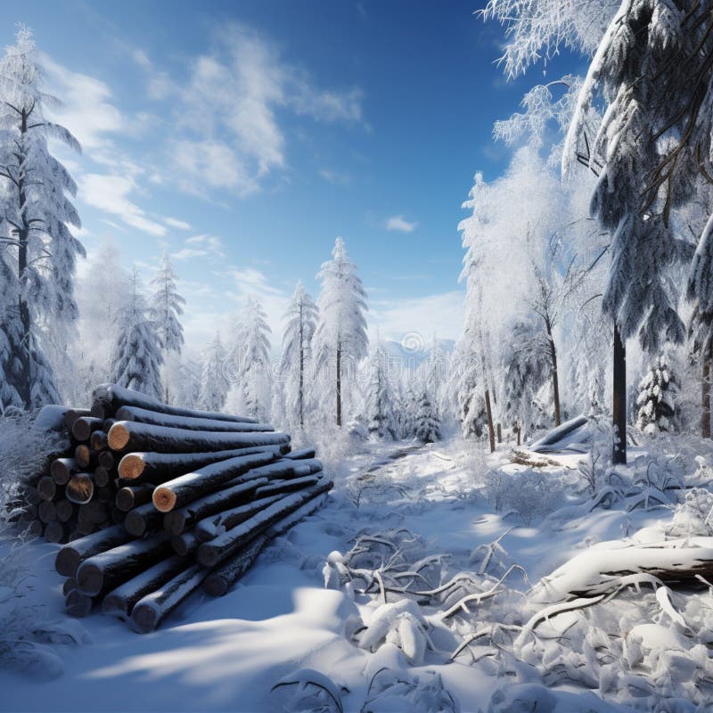 Snowy Forest Scene Logs and Trees Covered in Snow Stock Illustration ...