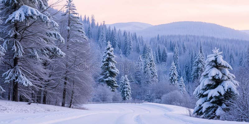 A Snowy Forest Scene with a Path Leading into the Woods Stock ...