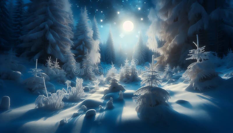 Snowy Forest with Sparkling Icicles Under Soft Winter Moonlight ...