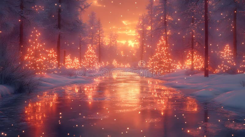 Snowy Forest with Stream and Glowing Lights Stock Illustration ...