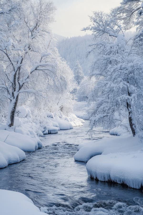 Snowy Forest Stream stock photo. Image of outside, river - 373340882