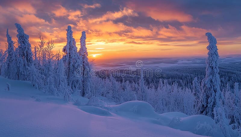 Snowy Forest at Sunset, Tranquil Scene, Frozen Landscape Generated by ...