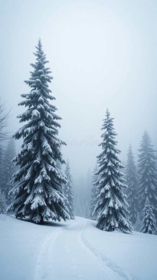 Snowy Forest with Two Pine Trees and a Path Stock Illustration ...