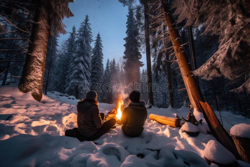 Snowy Forest with View of Campfire and Two People Sitting by the Fire ...